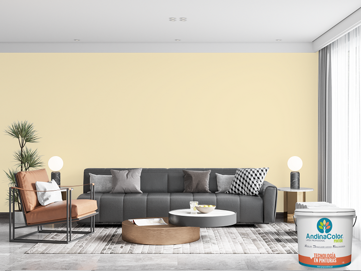 Color De Pared Con Crema Interior De Estilo Japonés Con Sofá Gris Y
